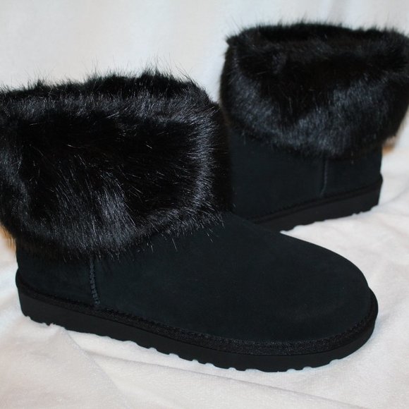 UGG | Shoes | New Ugg Womens Mini Suede Fur Trimmed Boots Black | Poshmark